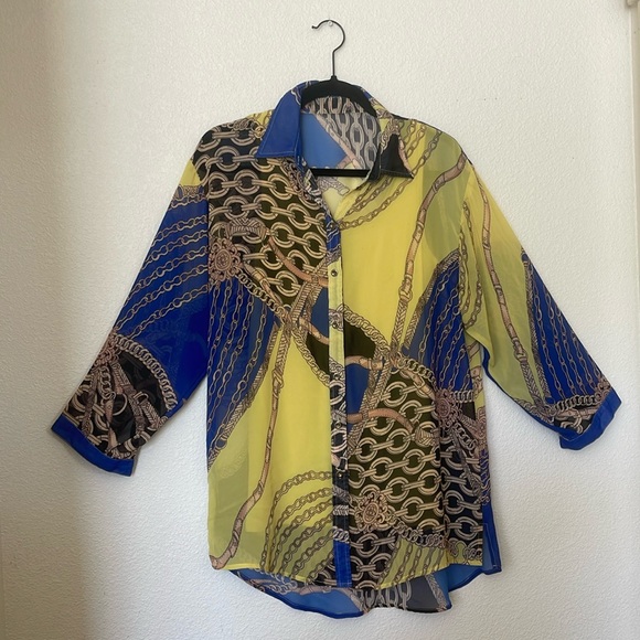 Tops | Vibrant Blue And Yellow Chain Print Sheer Top Size Xl | Poshmark